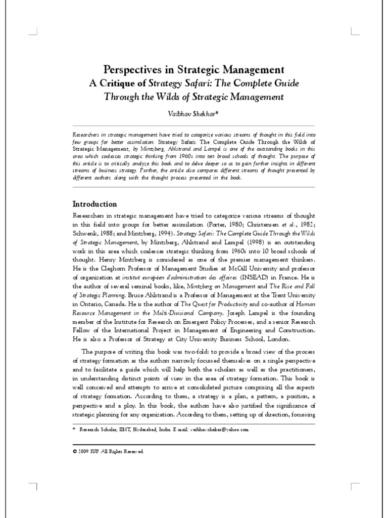 Perspectives in Strategic Management: A Critique of Strategy Safari ...