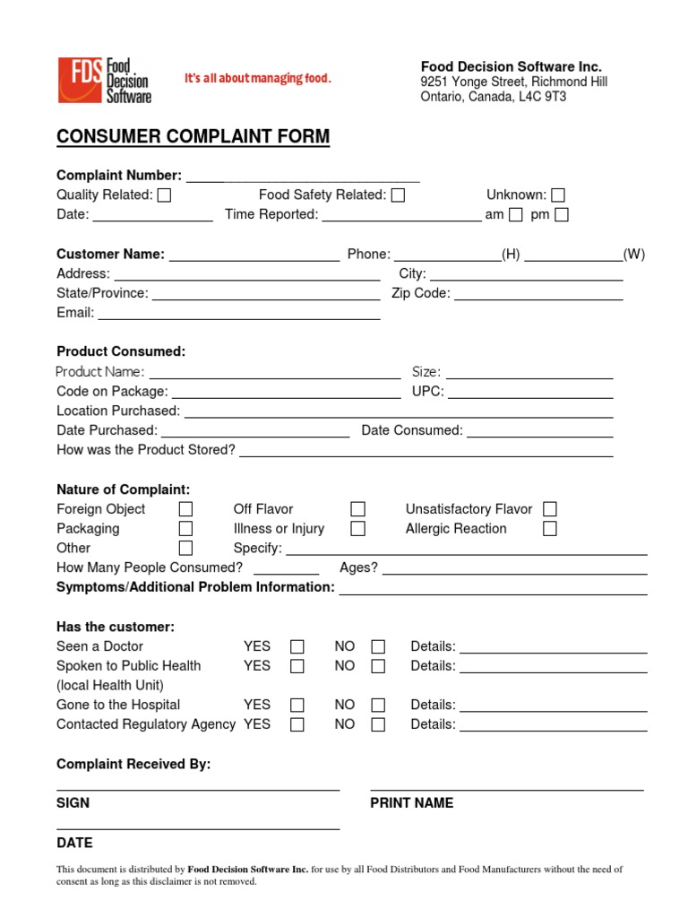 Consumer Food Complaint Form | PDF