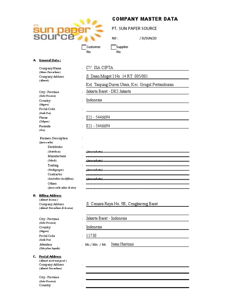 Sun Paper Master Data Form | PDF | Pengelolaan Keuangan & Uang