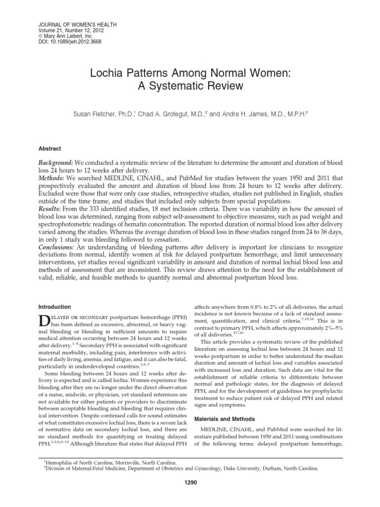 Lochia Patterns Among Normal Women: A Systematic Review | PDF ...