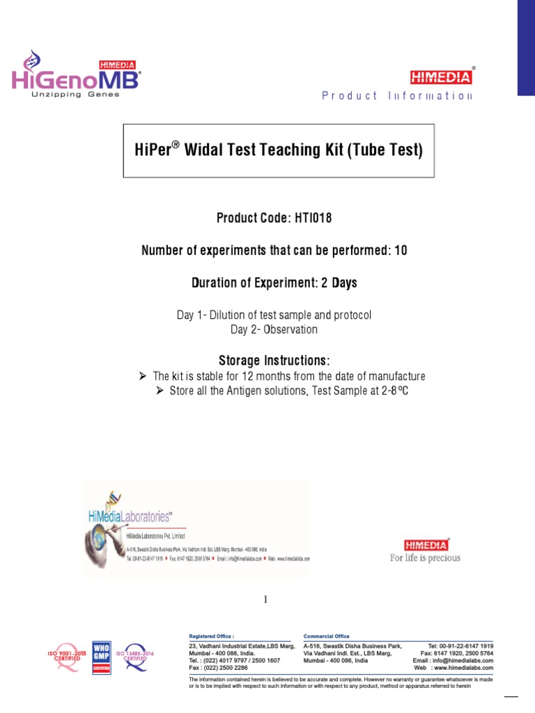 Widal Test Teaching Kit (Tube Test) | PDF | Serology | Infection