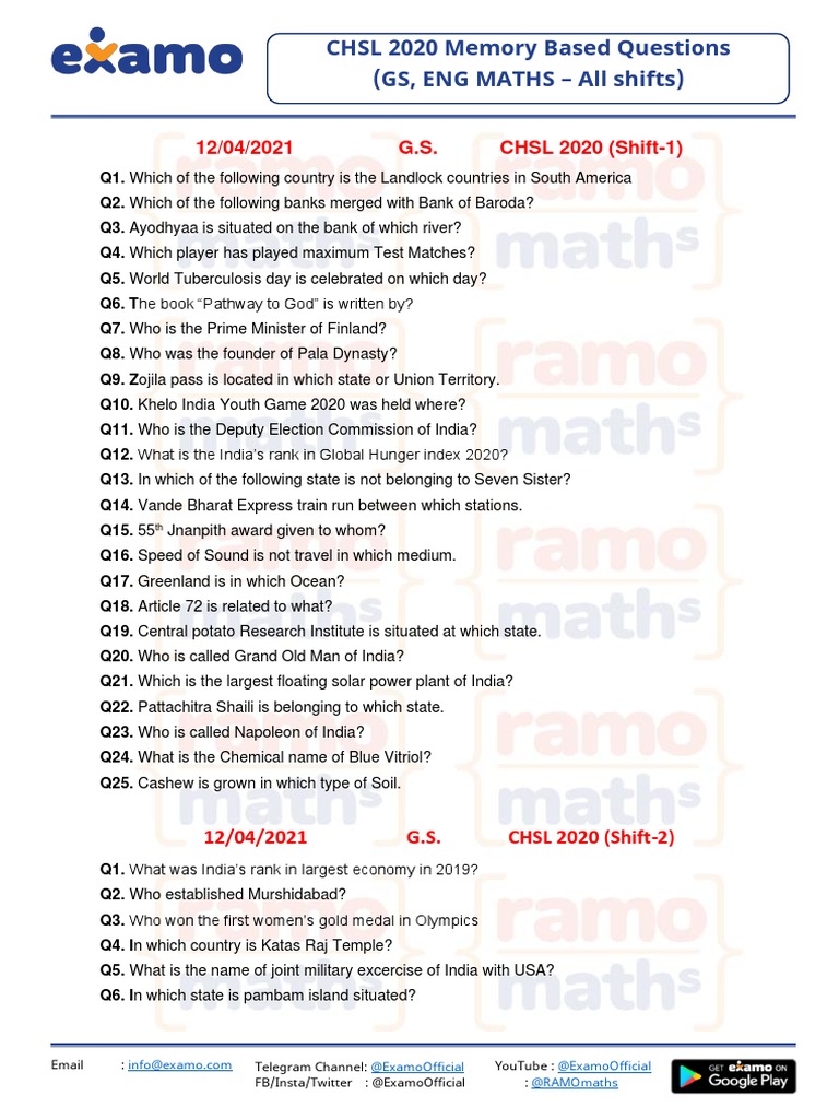 12th April - All Subjects Combined Questions of CHSL | PDF | Area ...