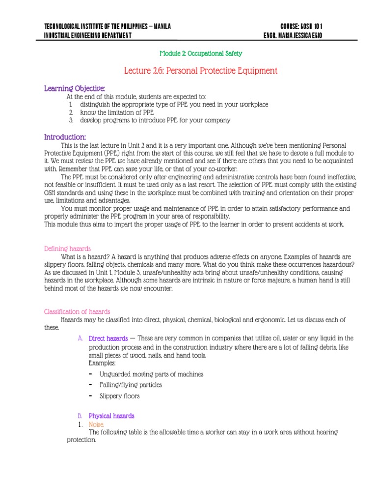 Bosh Lecture 9 Personal Protective Equipment Pdf Personal