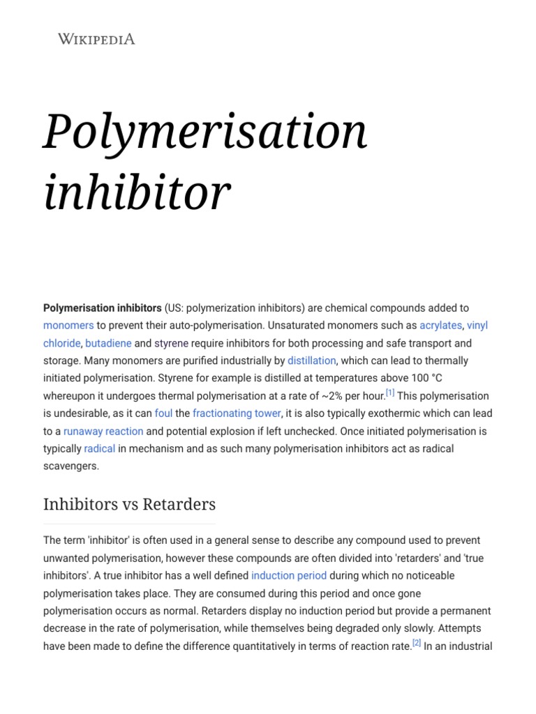 Polymerisation Inhibitor - Wikipedia | PDF | Chemistry | Chemical ...