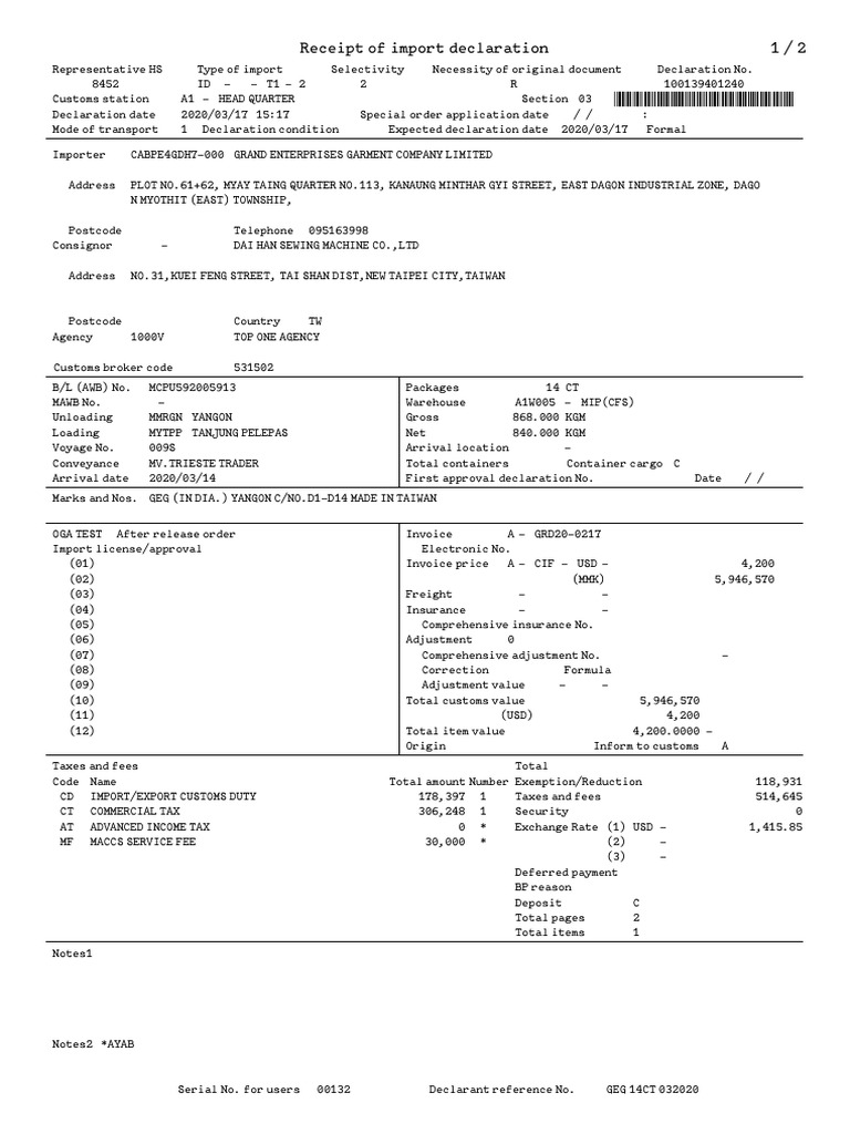 RECEIPT | PDF | Customs | Taxes