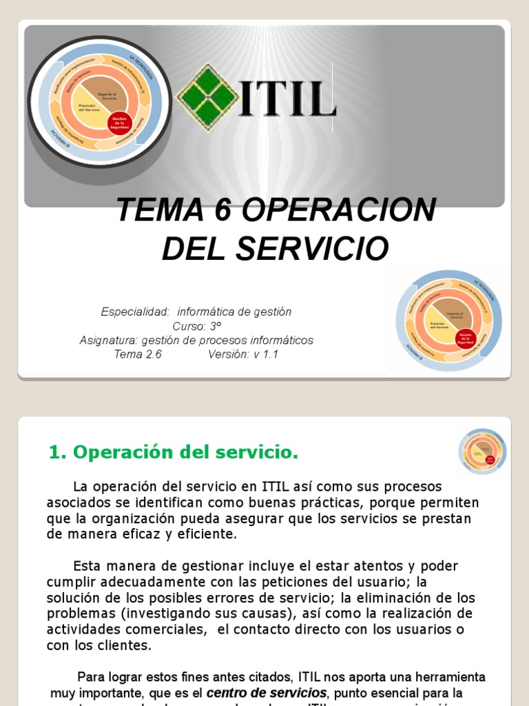 Tema 6 Operacion Del Servicio Itil | PDF | Itil | Mesa de ayuda