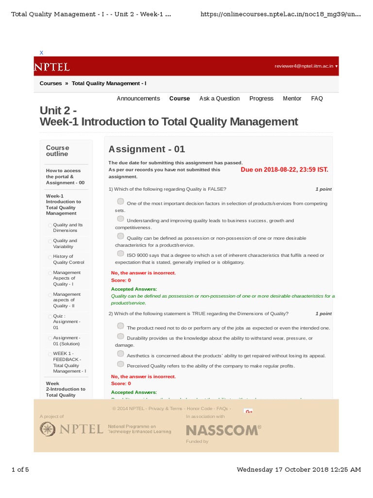 Unit 2 - Week-1 Introduction To Total Quality Management: Assignment ...