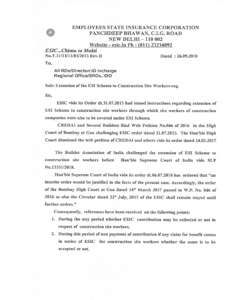 ESIC Headquarters' Instructions Non Implementation of ESIC On ...