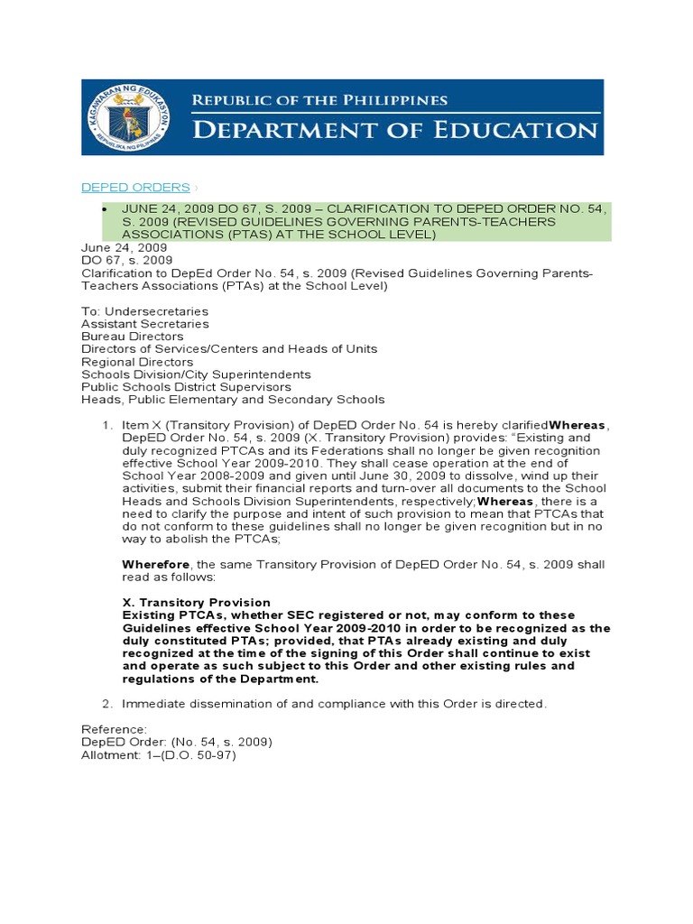 DEPED ORDER 67 S, 2009 REVISED GUIDELINE ON PTA | PDF