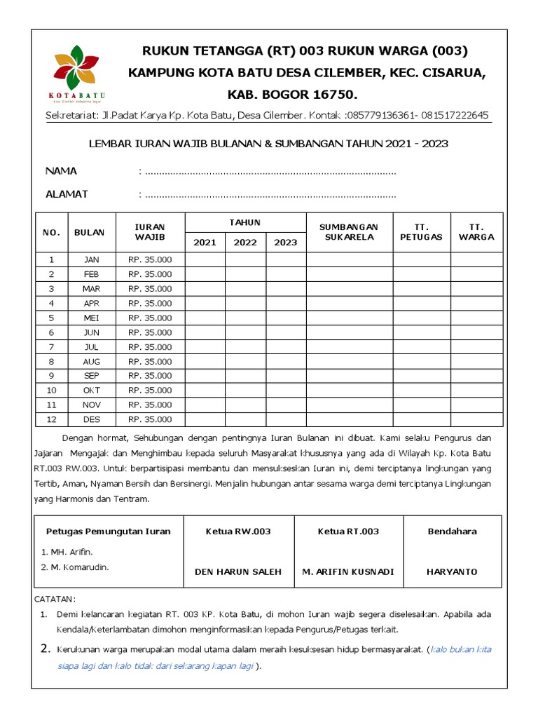 Kartu Iuran RT Untuk Warga | PDF