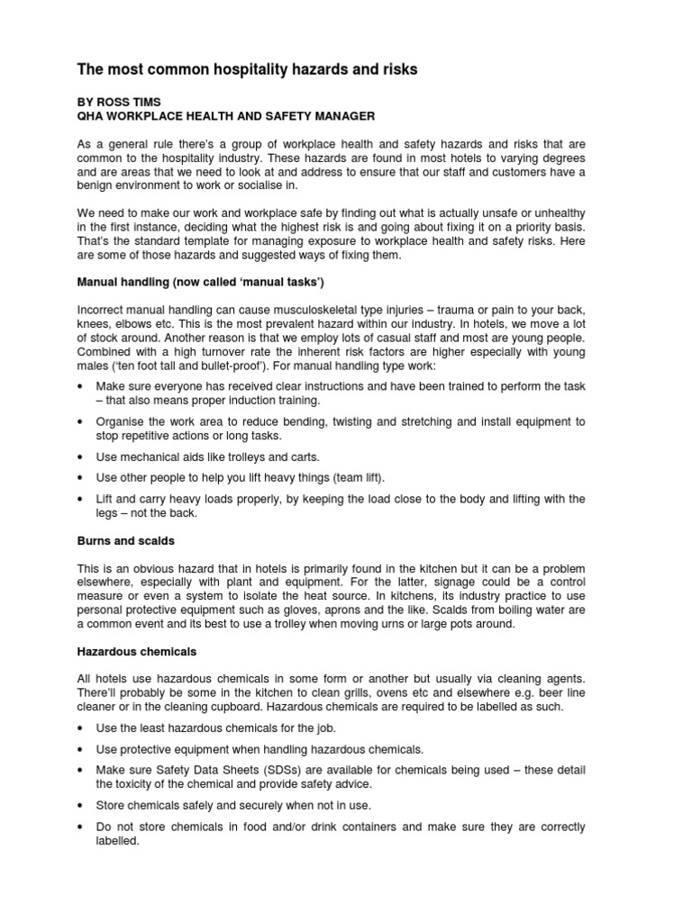 Common Hospitality Risks and Hazards 1 | PDF | Occupational Safety And ...