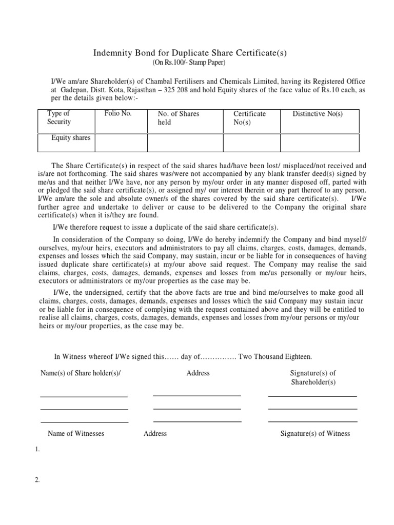 Indemnity Bond For Duplicate Share Certificate(s) | PDF | Indemnity | Affidavit