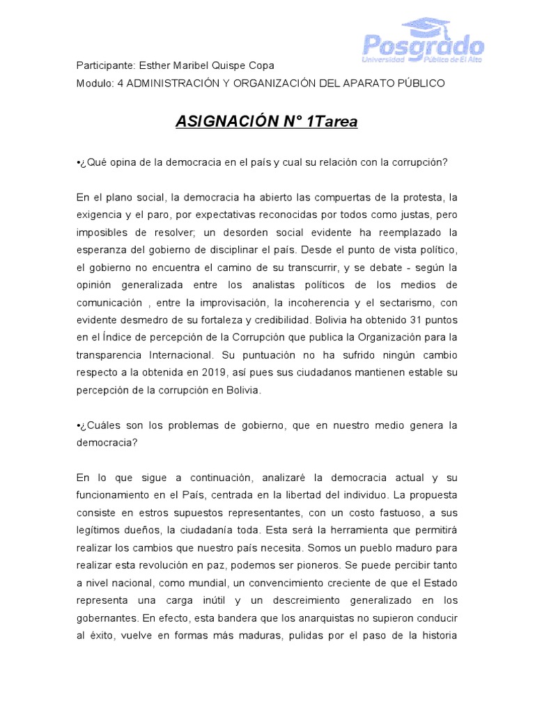 ASIGNACIÓN #1tarea - Esther Maribel Quispe Copa | PDF | Gobierno | Democracia