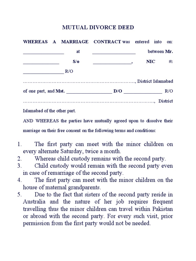 Mutual Divorce Deed: Whereas A Marriage Contract Was Entered Into On ...