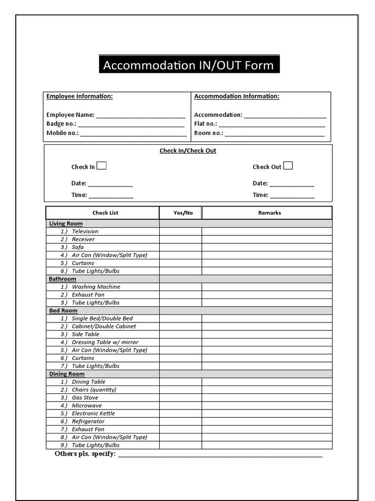 Employee Accommodation Check-In/Out Form | PDF | Home & Garden