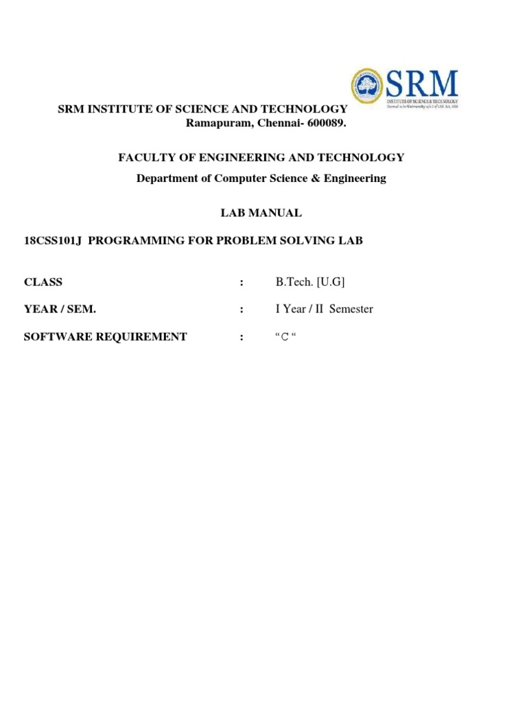 18css101j Programming For Problem Solving Lab Manual Download Free Pdf Pointer Computer 