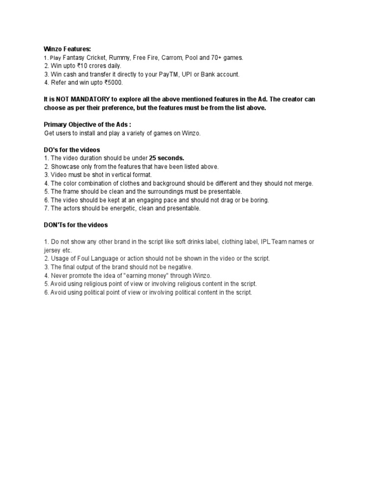 Winzo - Ad Guidelines | PDF | Business | Finance & Money Management