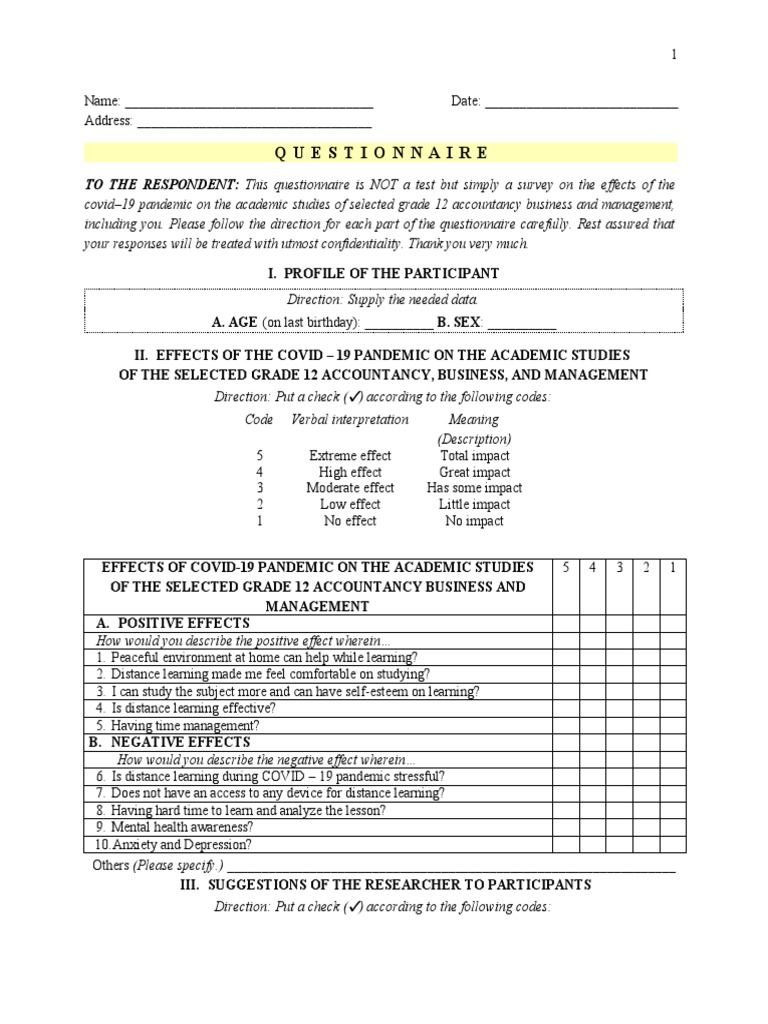 Questionnaire: TO THE RESPONDENT: This Questionnaire Is NOT A Test But ...