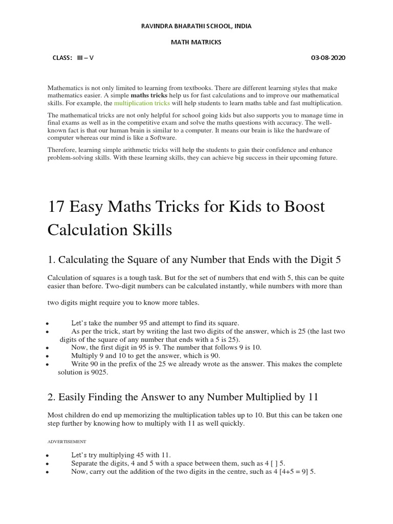 17 Easy Maths Tricks For Kids To Boost Calculation Skills | PDF ...