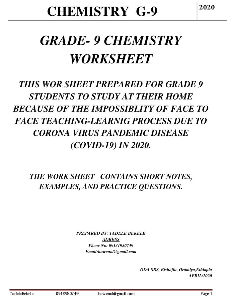 Grade 9 Chemistry Worksheet 2020 | PDF | Redox | Reaction Rate