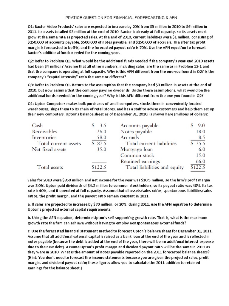 AFN Forecasting - Practice Questions | PDF | Dividend | Balance Sheet