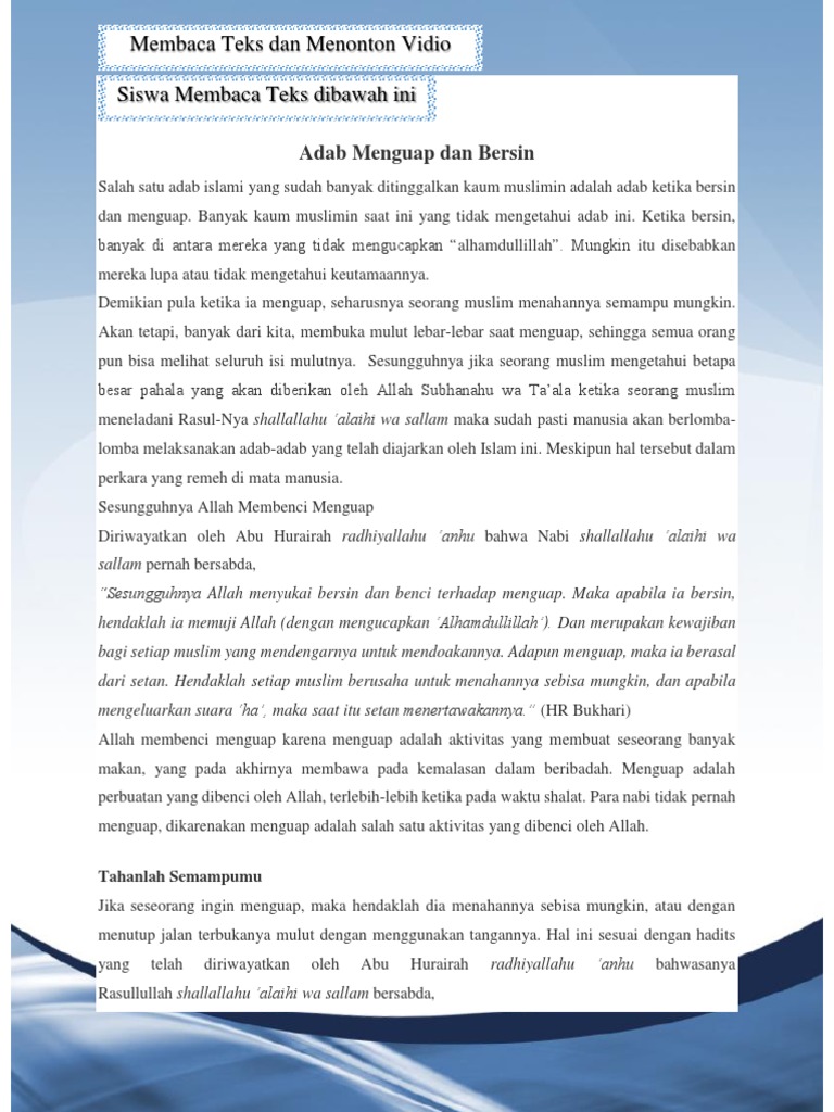 Islamic Worksheet Grade 2 Adab Menguap Dan Bersin | PDF