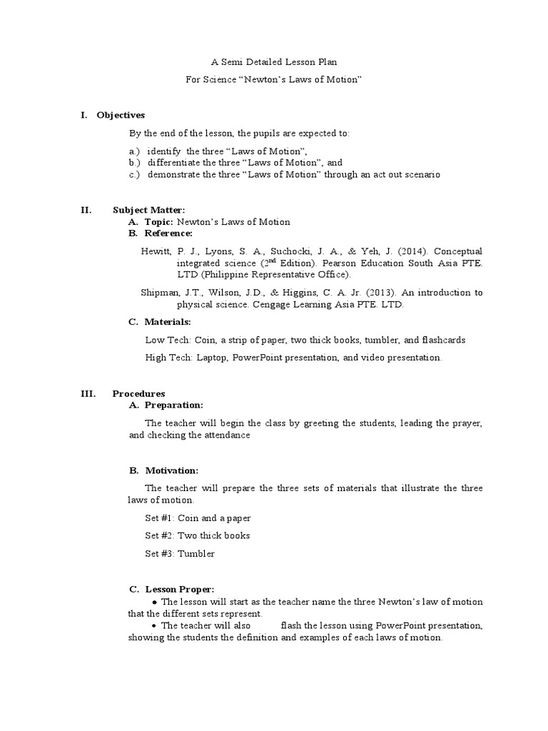 Cecile A Semi Detailed Lesson Plan | PDF | Force | Newton's Laws Of Motion