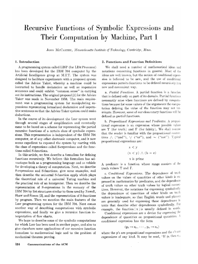 McCarthy, John - 'Recursive Functions of Symbolic Expressions and Their Computation by Machine ...