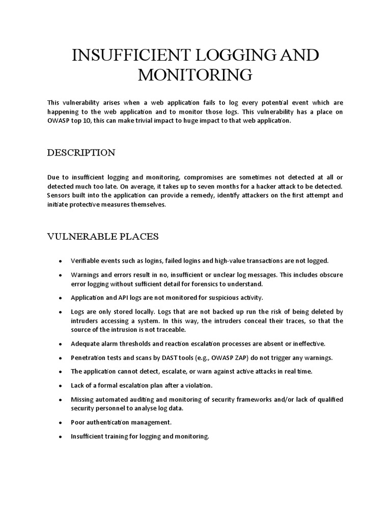 Insufficient Logging And Monitoring Pdf Vulnerability Computing Computer Network