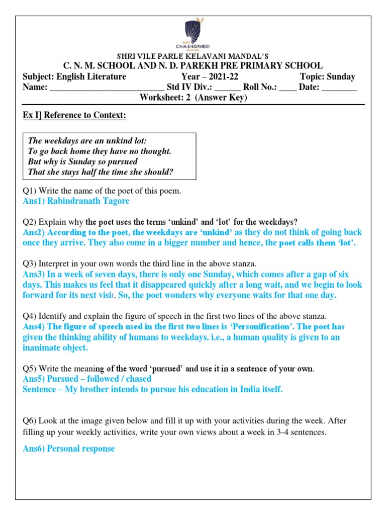 Sunday Poem Answer Key | PDF