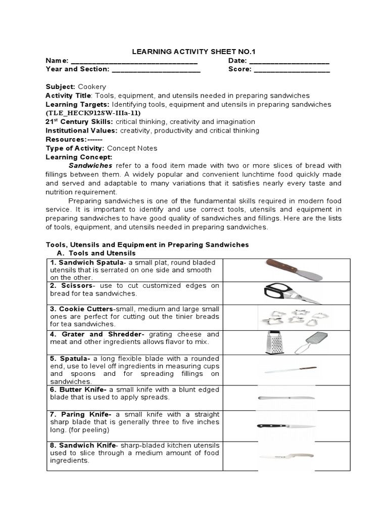 Learning Activity Sheets Cookery | PDF | Knife | Grilling