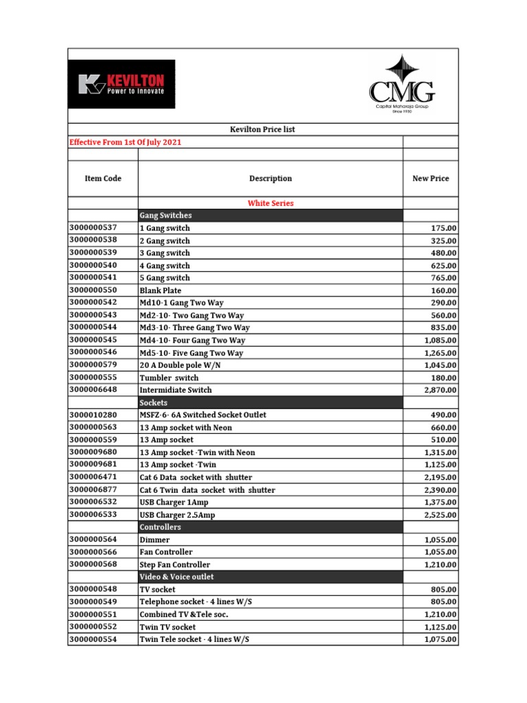 Kevilton Price List With Effect From 01st of July 2021 | PDF ...