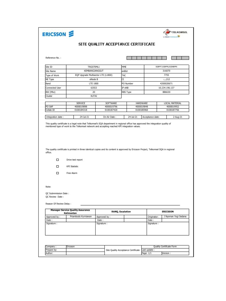 Site Quality Acceptance Certificate: Manager Service Quality Assurance Kalimantan RANQ ...