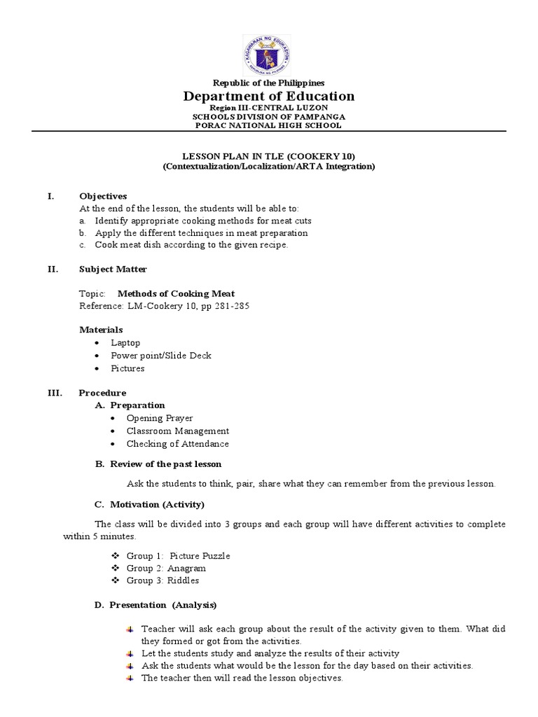 Lesson Plan Contextualization Localization Arta Cookery 10 | PDF ...