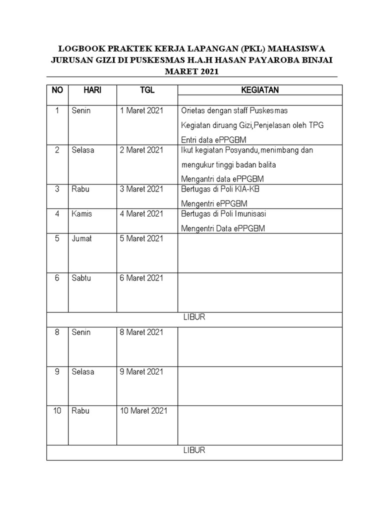 Logbook PKL Mahasiswa Gizi di Puskesmas | PDF
