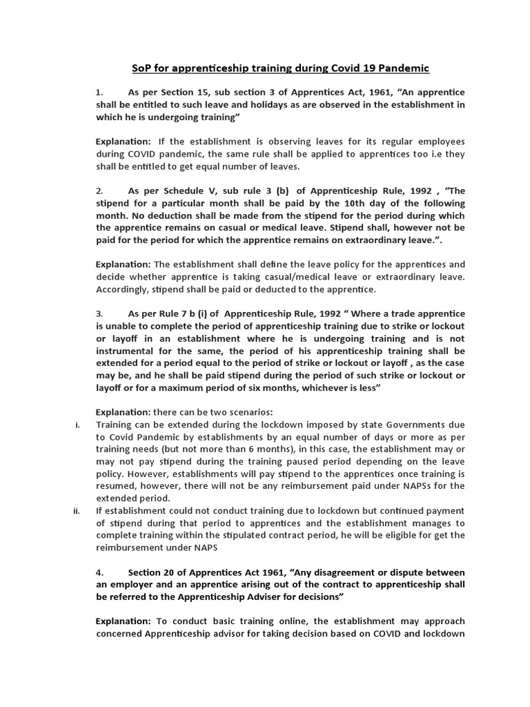 Sop For Apprenticeship Training During Covid 19 Pandemic | PDF ...