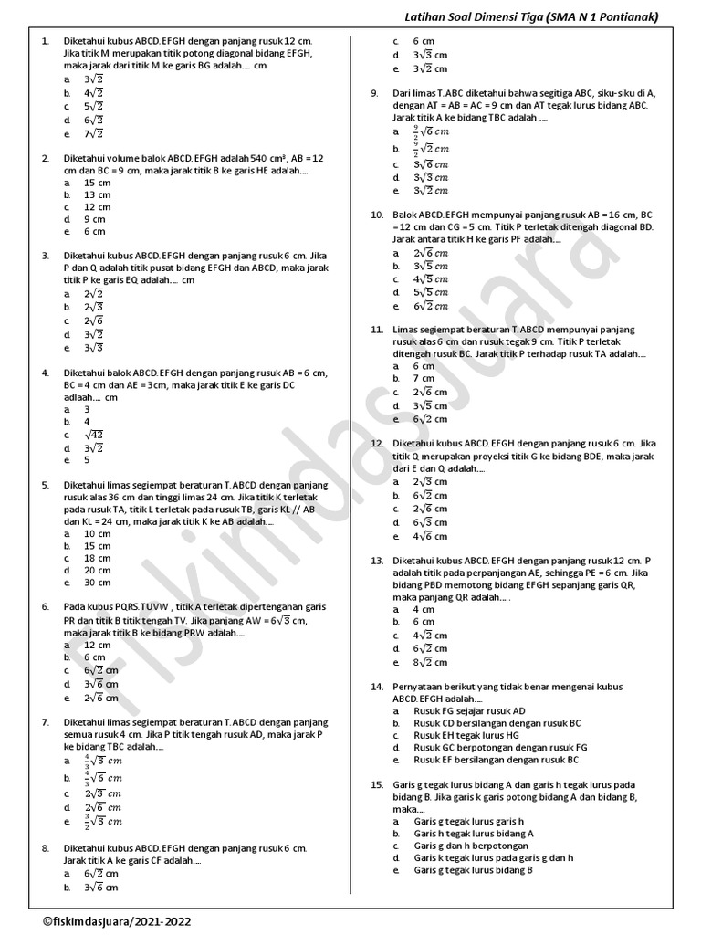 Latihan Soal Dimensi Tiga SMA N 1 PTK | PDF