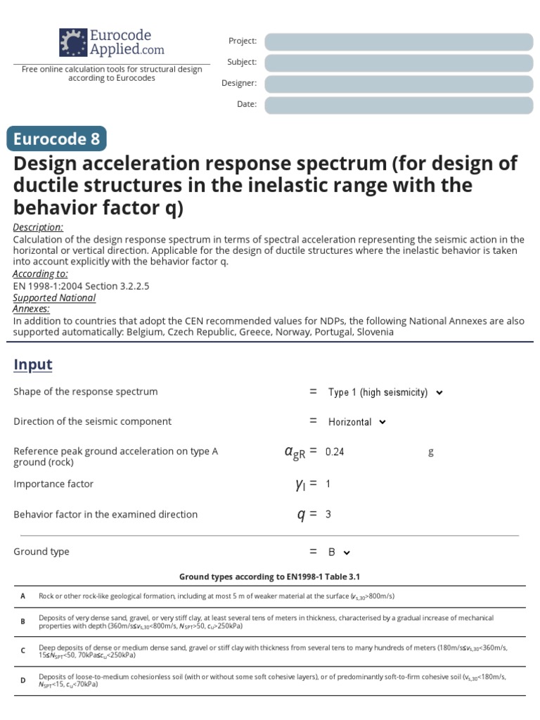 Calculation of Design Response Spectrum (Chart & Table) - Eurocode 8 ...