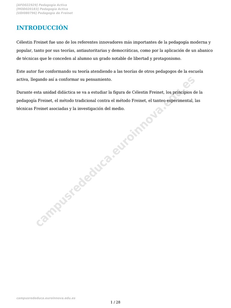 Pedagogía de Freinet | PDF | Aprendizaje | Modificación de comportamiento