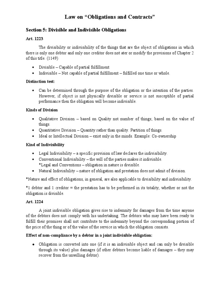 Divisible vs. Indivisible Obligations | PDF | Law Of Obligations ...
