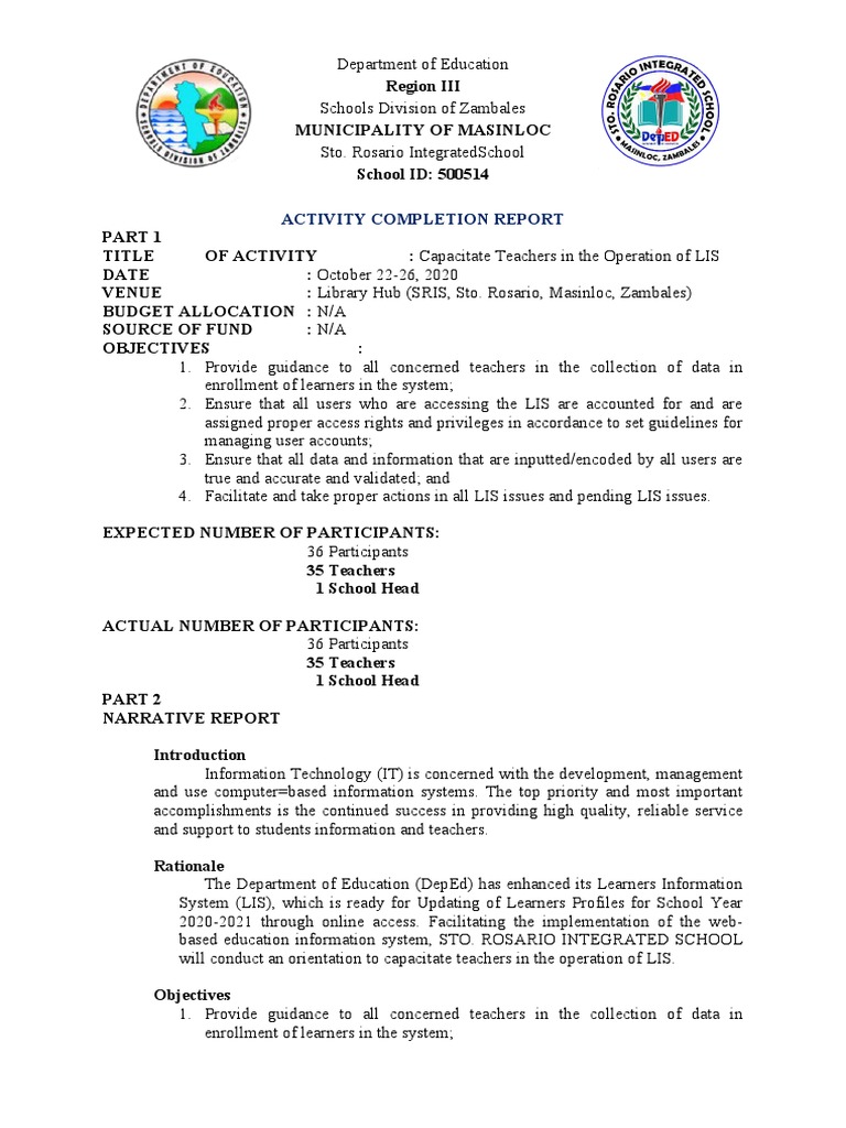 LIS Orientation Accomplishment Report | PDF | Information Science ...