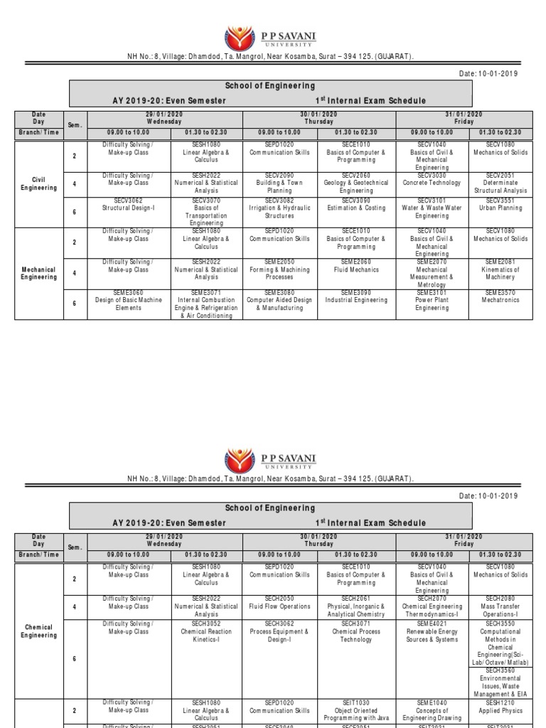SOE Internal Exam Schedule - AY201920 - EVEN SEM | PDF | Engineering | Computing