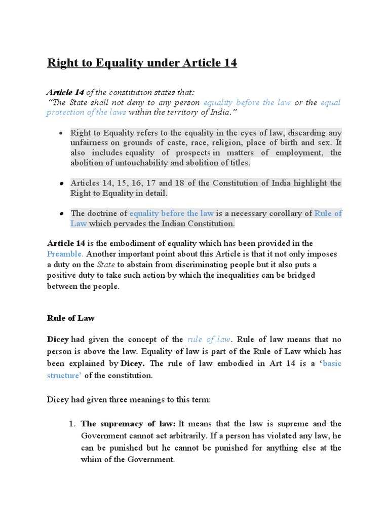 Right To Equality Under Article 14: Article 14 of The Constitution ...