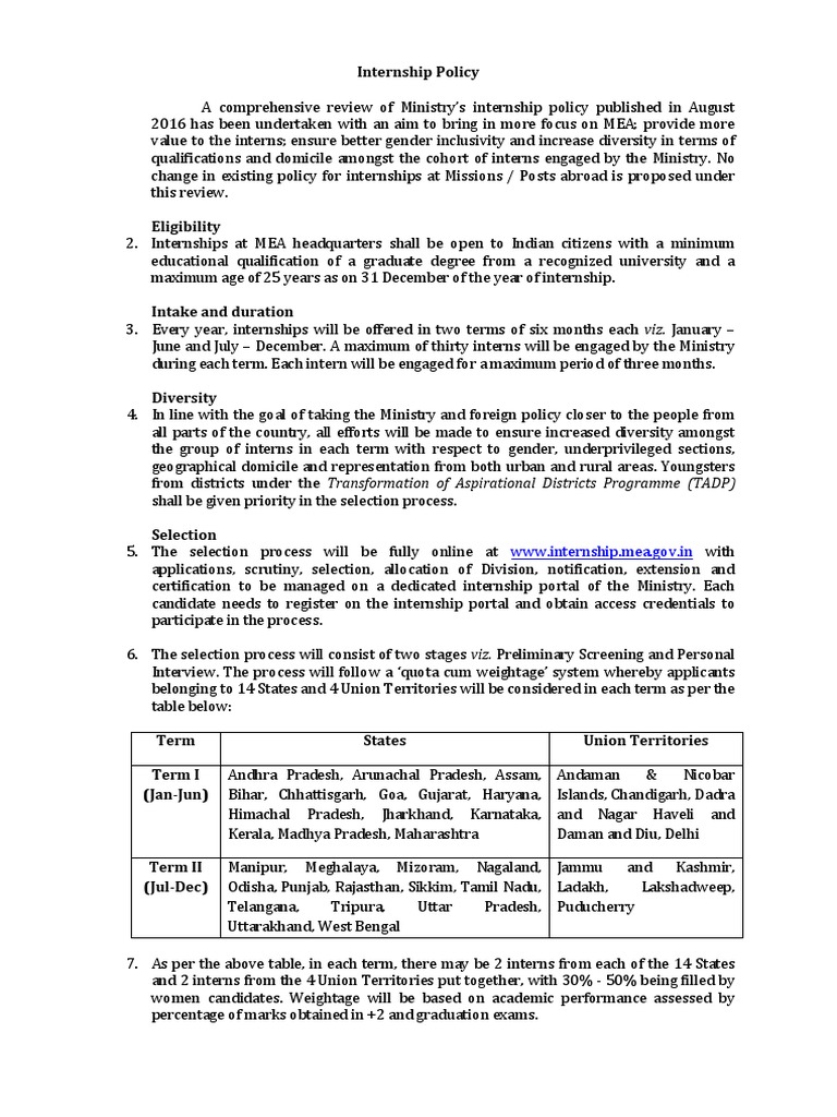 Internship Policy: WWW - Internship.mea - Gov.in | Download Free PDF ...