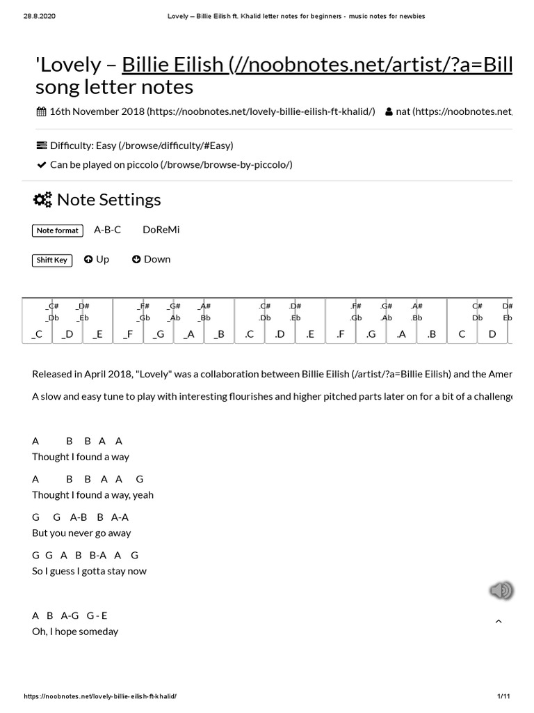 Lovely - Billie Eilish Ft. Khalid Letter Notes For Beginners | PDF