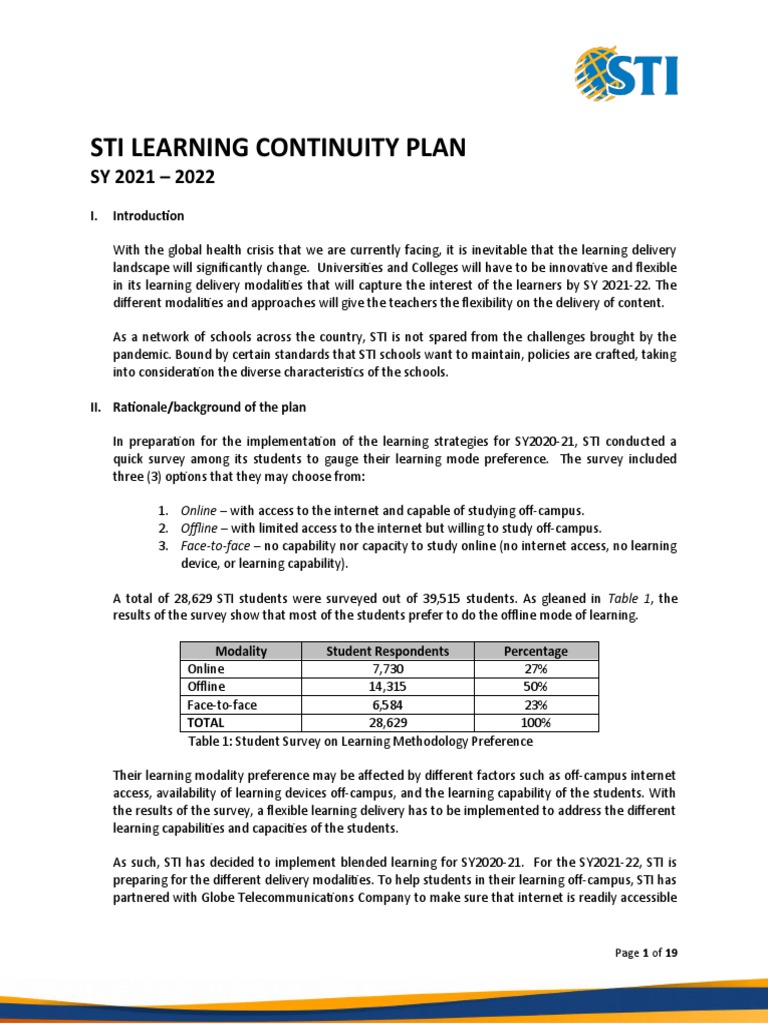 STI Learning Continuity Plan DepEd SY 2122 | PDF | Instant Messaging ...