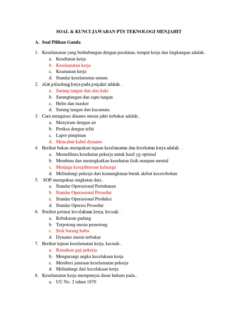 Soal & Kunci Jawaban PTS Teknologi Menjahit | PDF | Griya & Taman