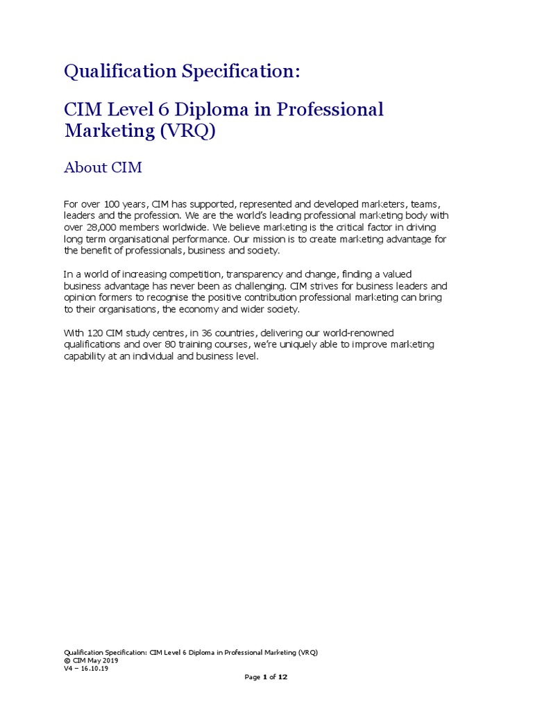 Qualification Specification: CIM Level 6 Diploma in Professional Marketing (VRQ) | PDF | Reason ...