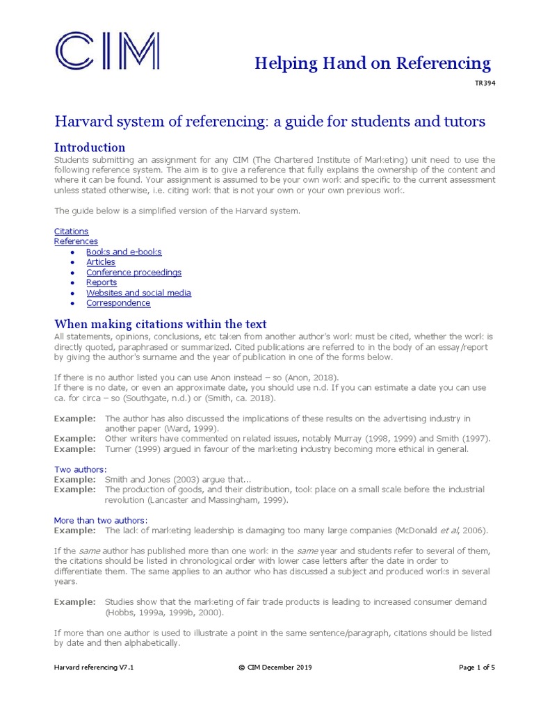 Helping Hand On Referencing: Harvard System of Referencing: A Guide For ...