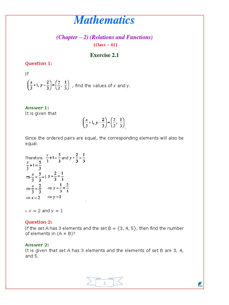 Relations And Functions Exercises On Relations From Sets To Sets Pdf Function Mathematics